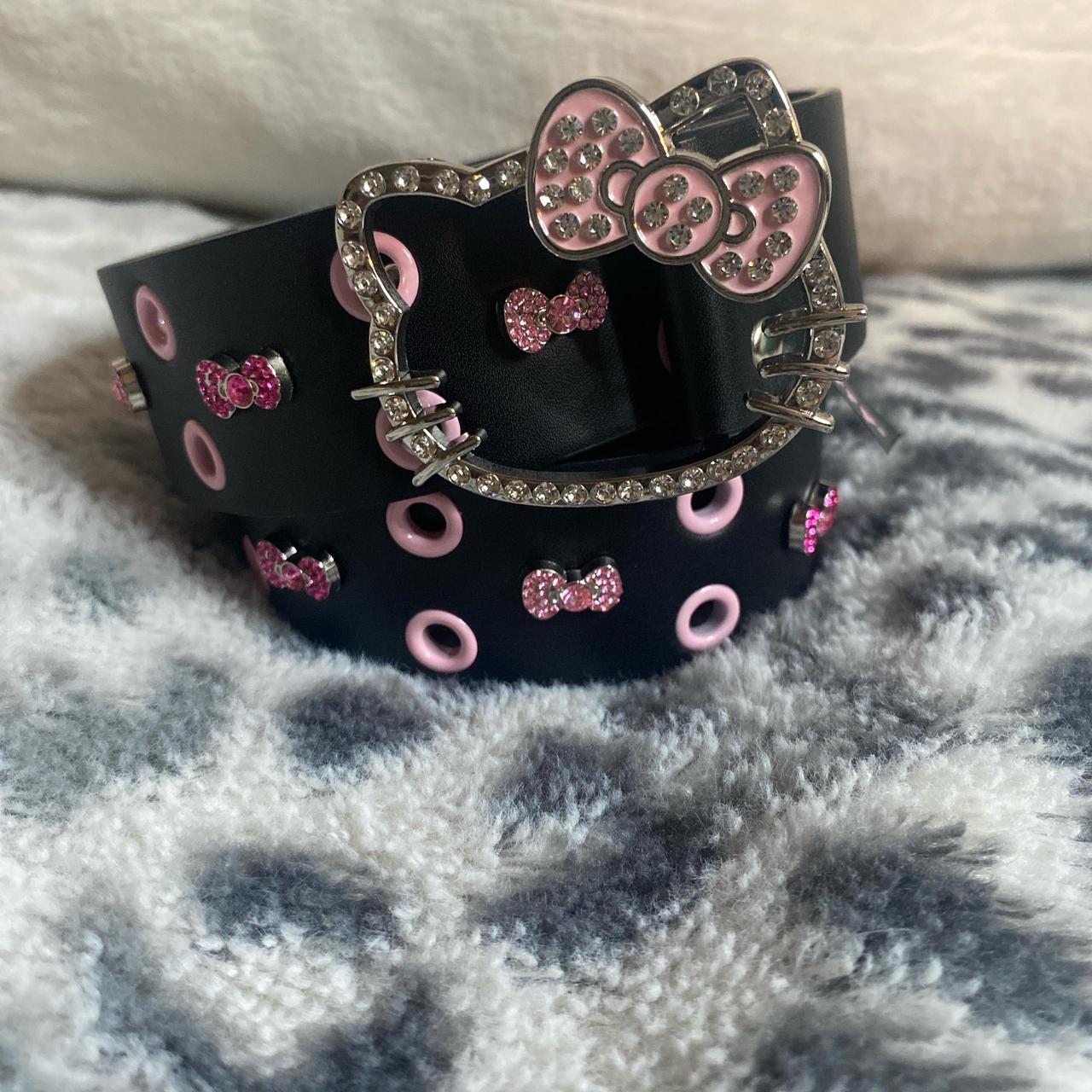 Black and pink Hello Kitty belt with rhinestones... | Depop