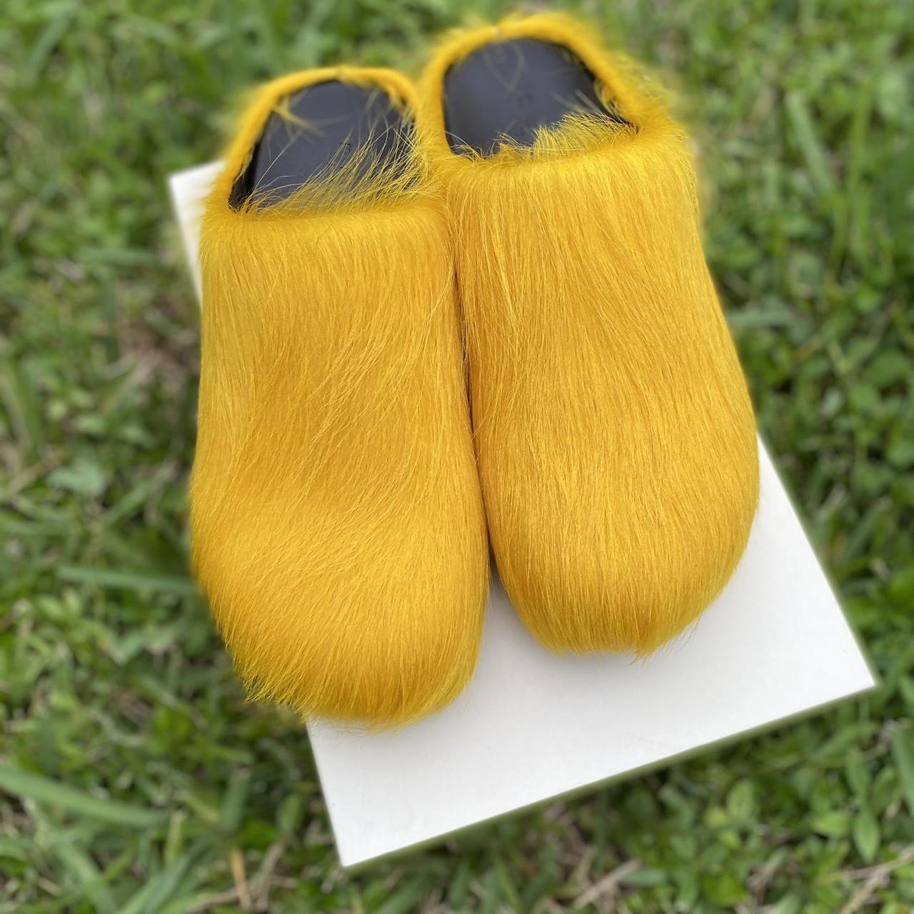 Marni Fur Slides Yellow Size 10 Comes with box... - Depop