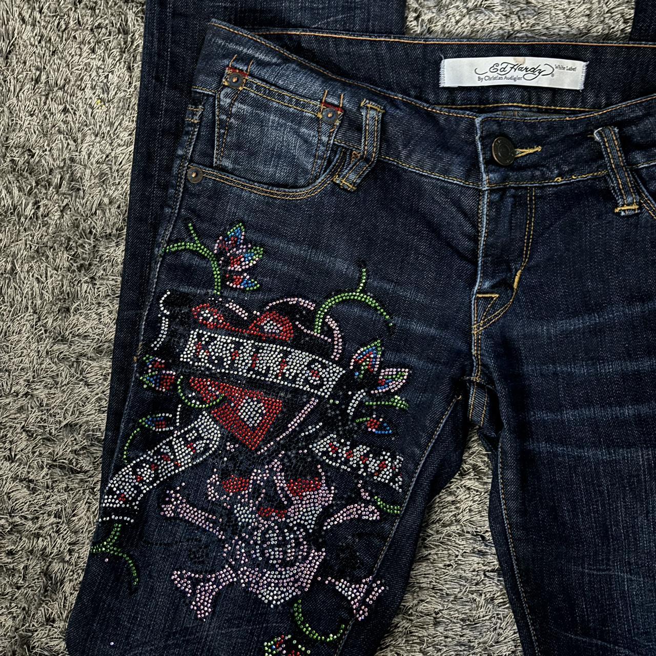 Ed Hardy low-rise jeans with rhinestones details... - Depop