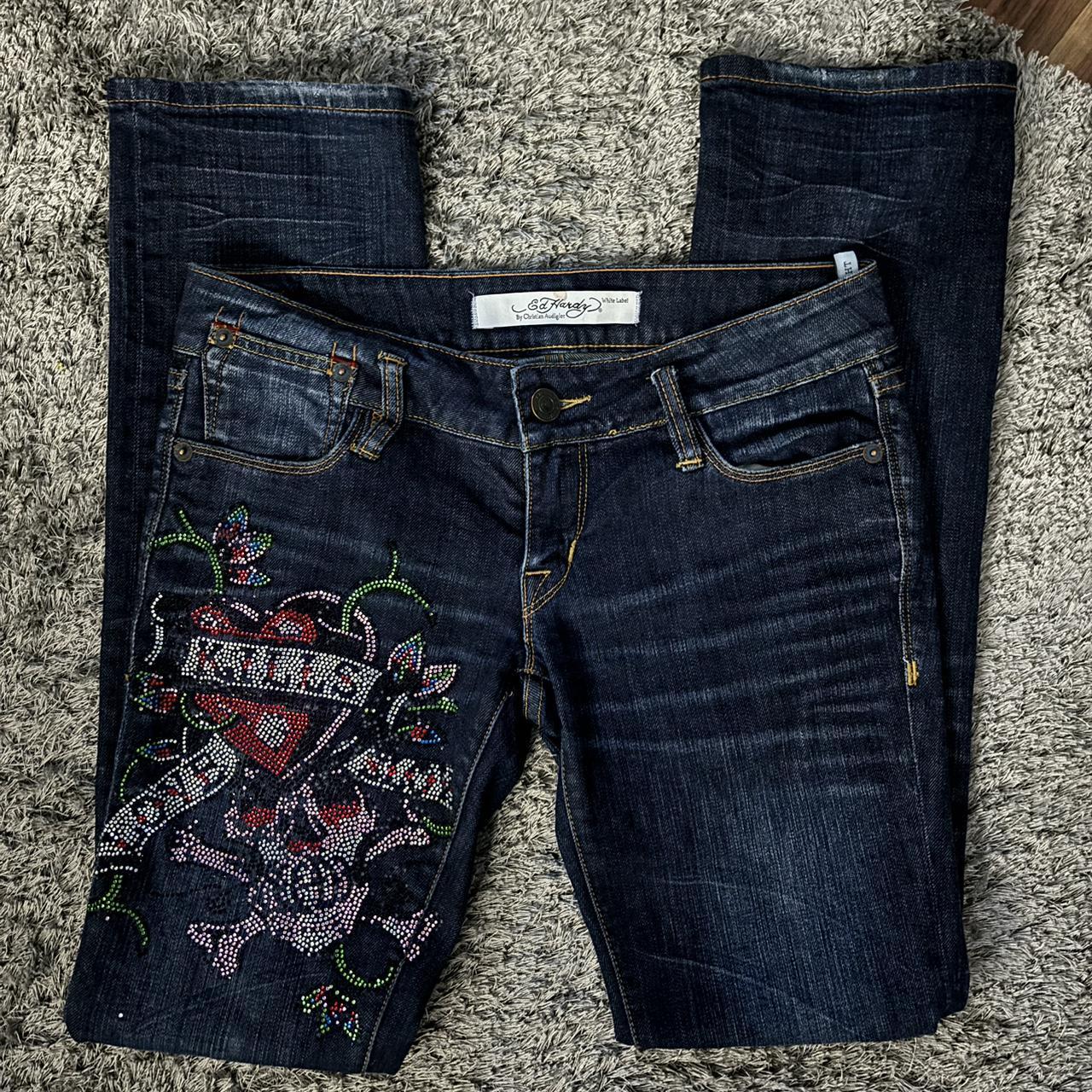 Ed Hardy low-rise jeans with rhinestones details... - Depop