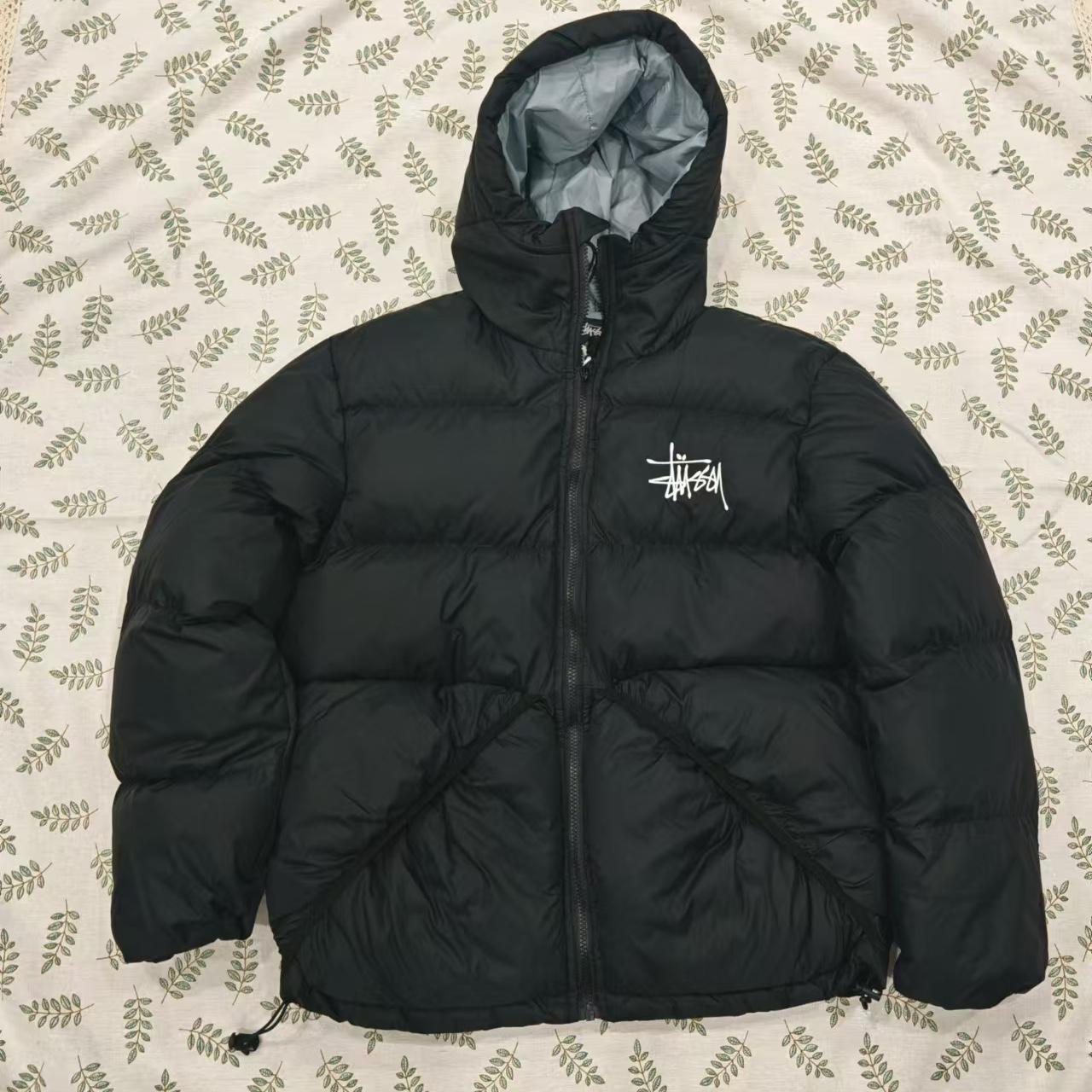Stüssy black puffer jacket with hood #streetwear #skate - Depop