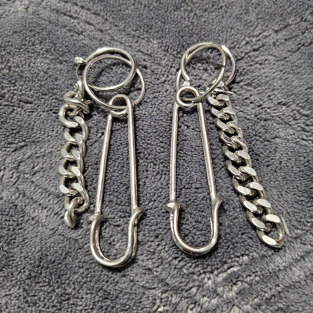 Safety pin + chain silver earrings, good condition,... - Depop