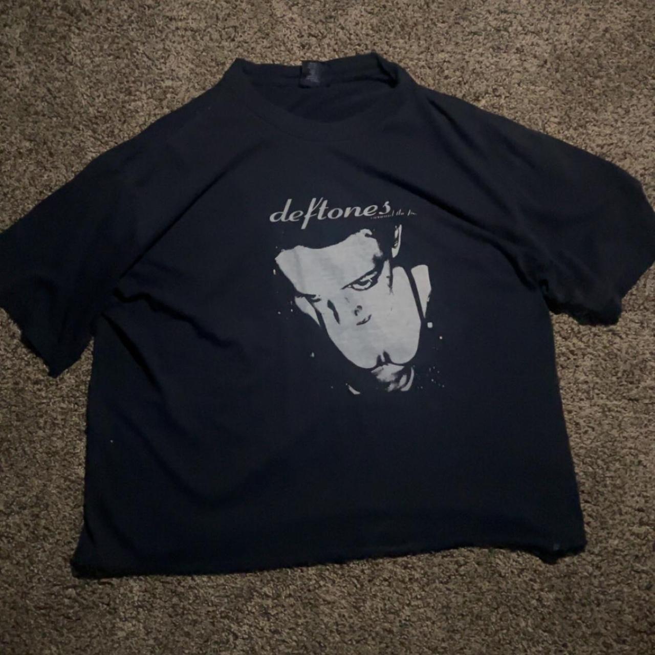 Cropped Deftones blue and white cotton streetwear... | Depop