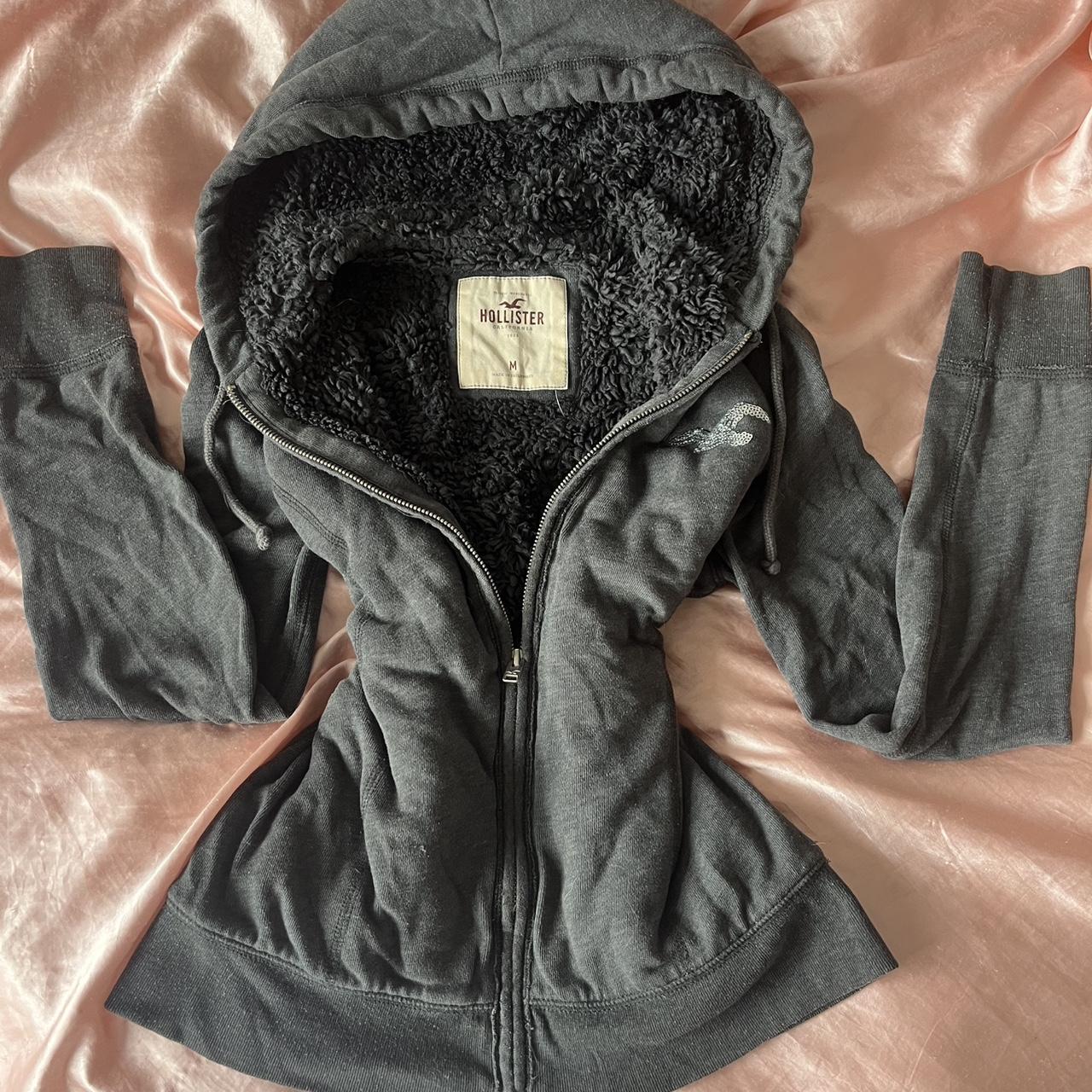 Hollister Grey Fur Zip Up Hoodie with Dark Grey Fur... | Depop