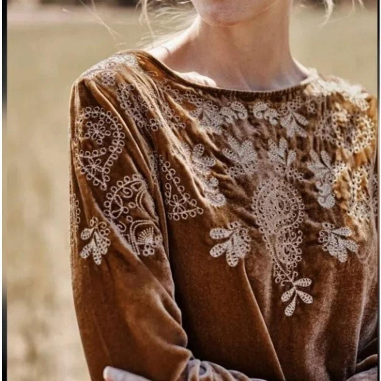 Brown embroidered velvet top by J. Jill. Features a... | Depop
