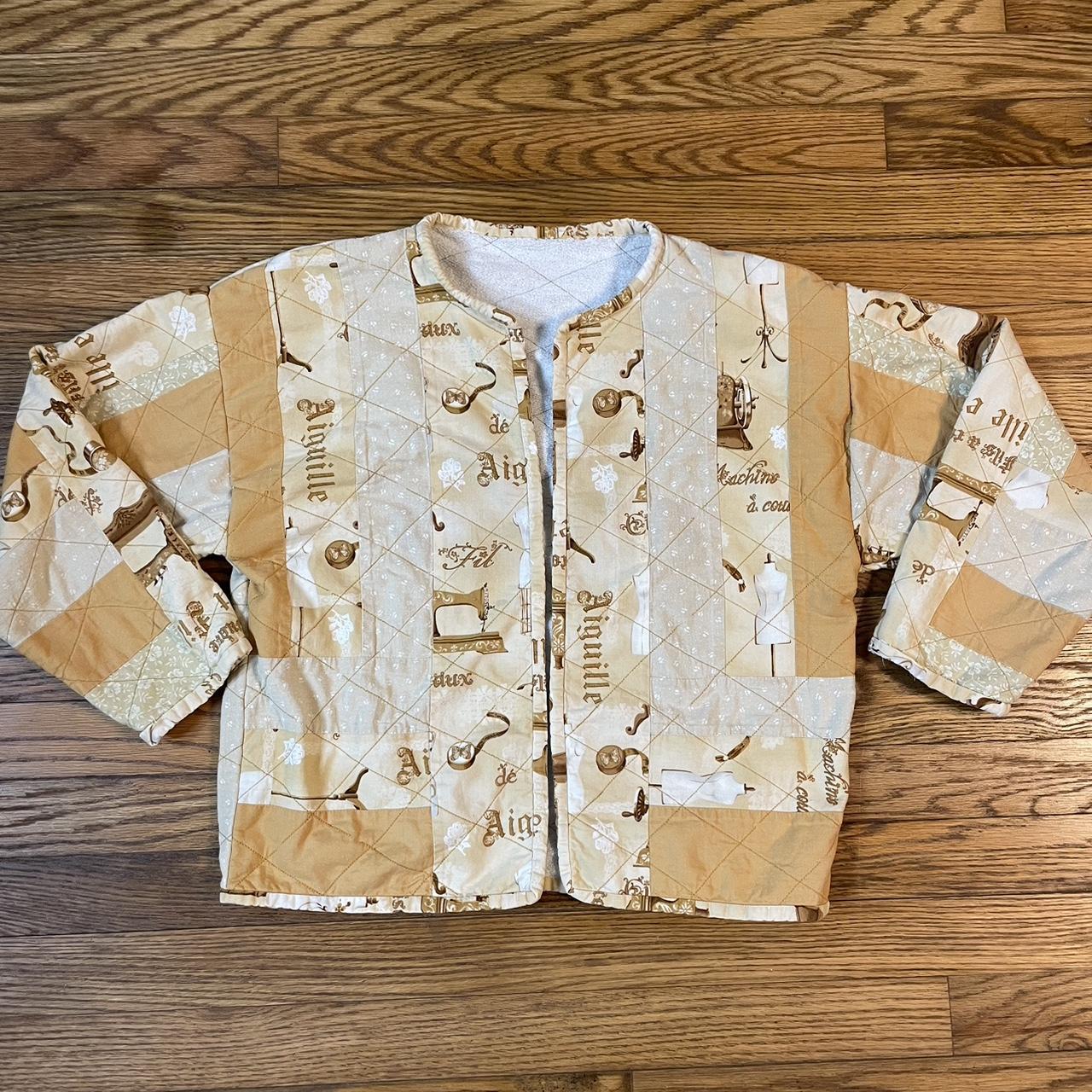 Handmade quilted jacket with sewing machine pattern.... - Depop
