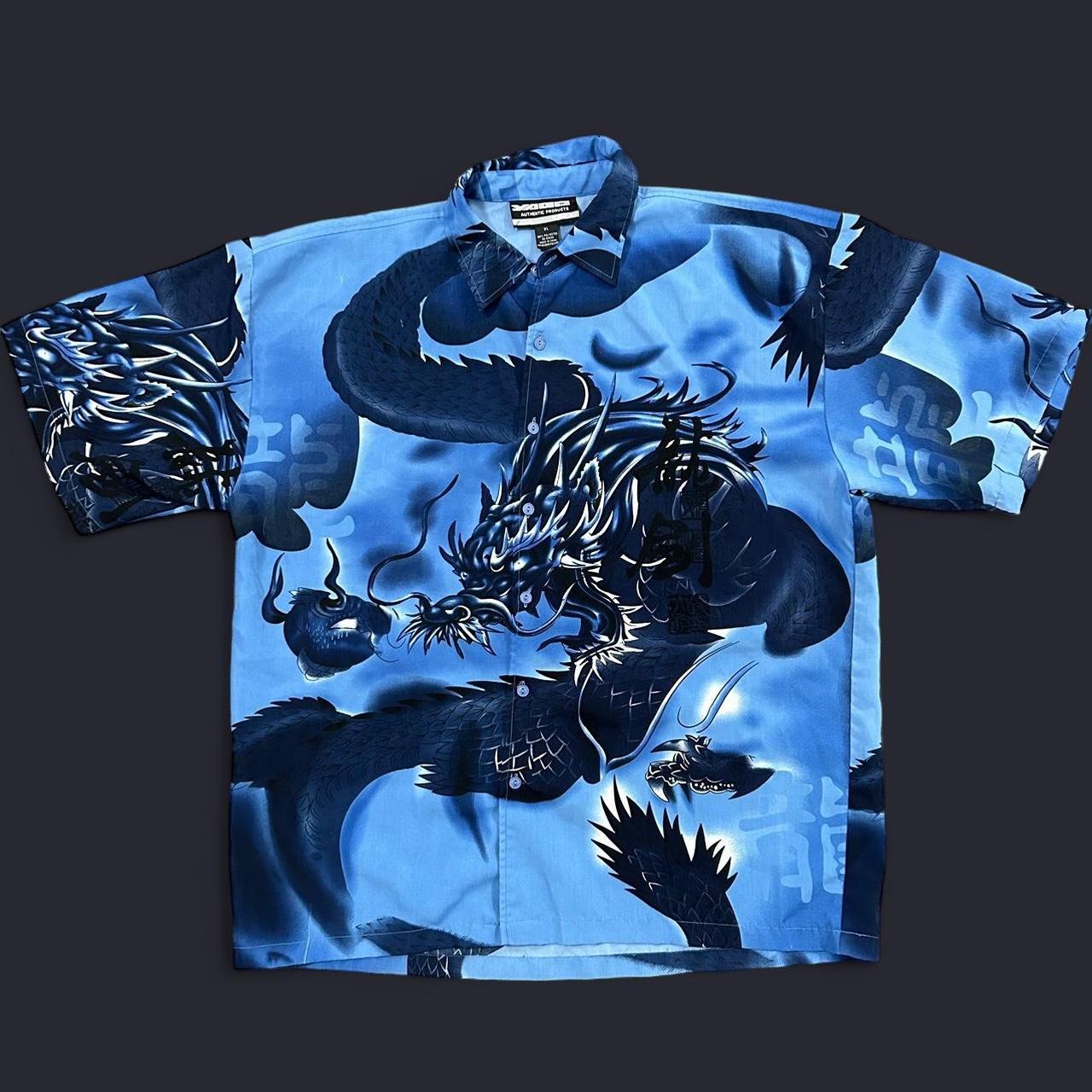 Blue and black dragon button up shirt Super clean... | Depop