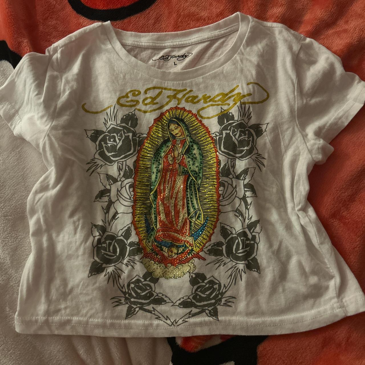 White Ed Hardy baby tee with Virgin of Guadalupe... | Depop