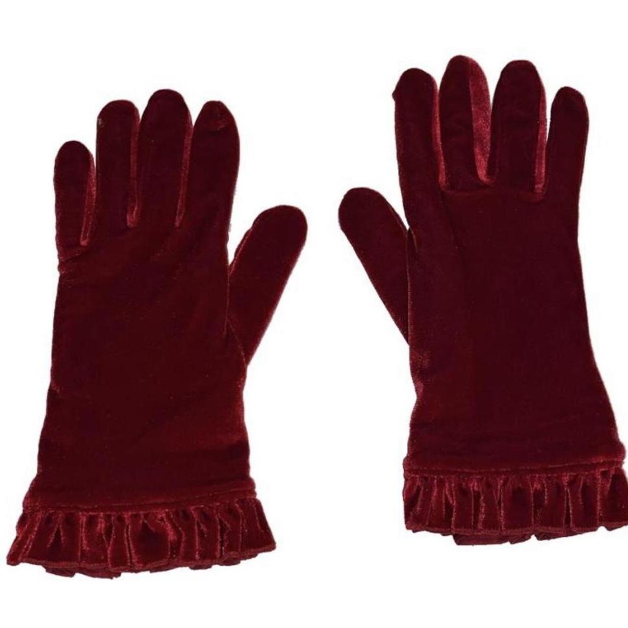 Burgundy velvet ruffle gloves with elastic wrist... - Depop