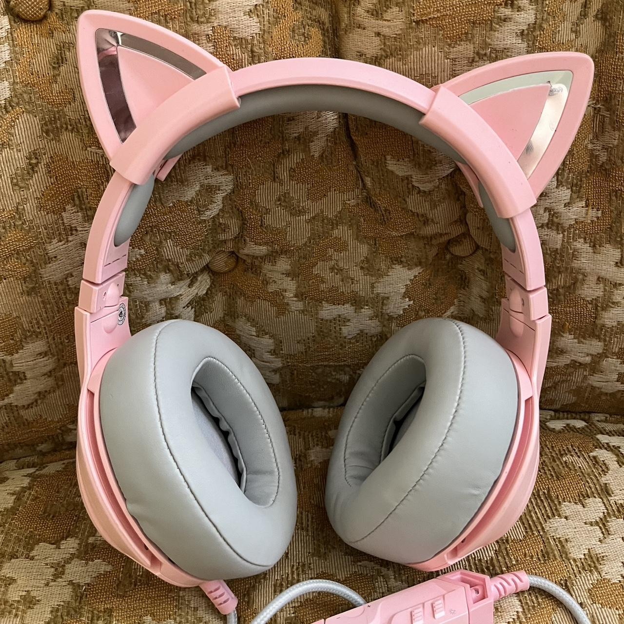 Kawaii cat ear gamer headphones with pink and grey... - Depop