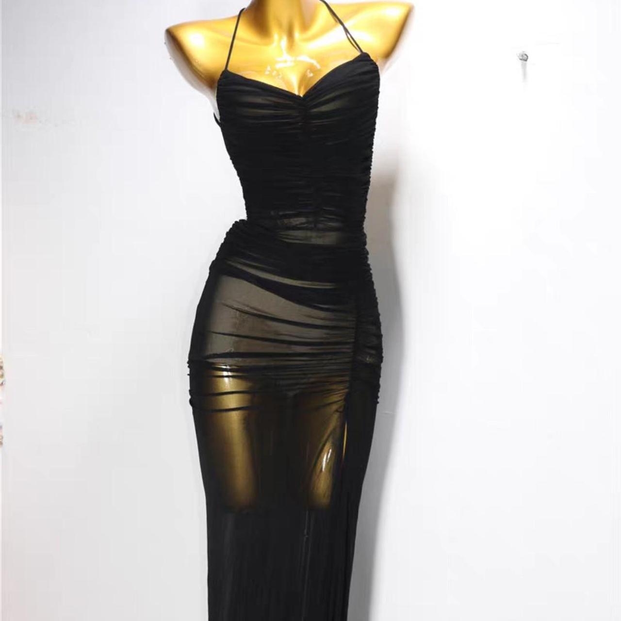 Double layer mesh see through dress prom... - Depop