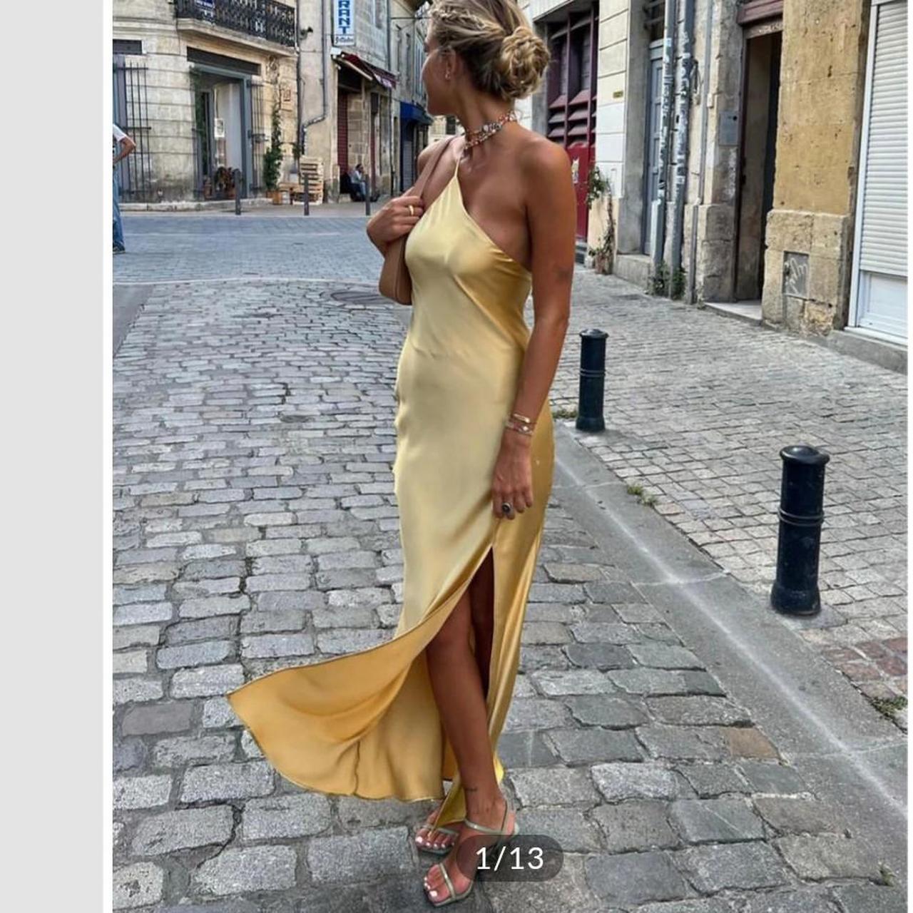 Commense Moonlight yellow open back satin slit long... | Depop