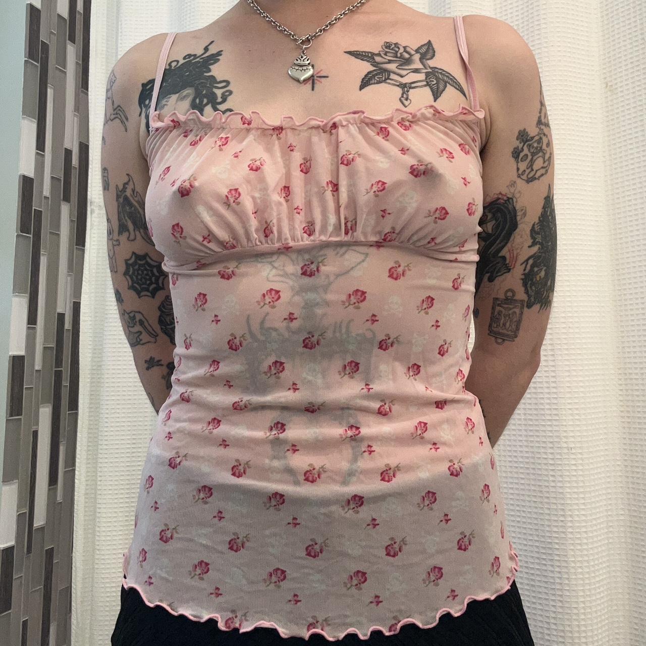 Royal bones pink floral and cross bones sheer mesh... - Depop