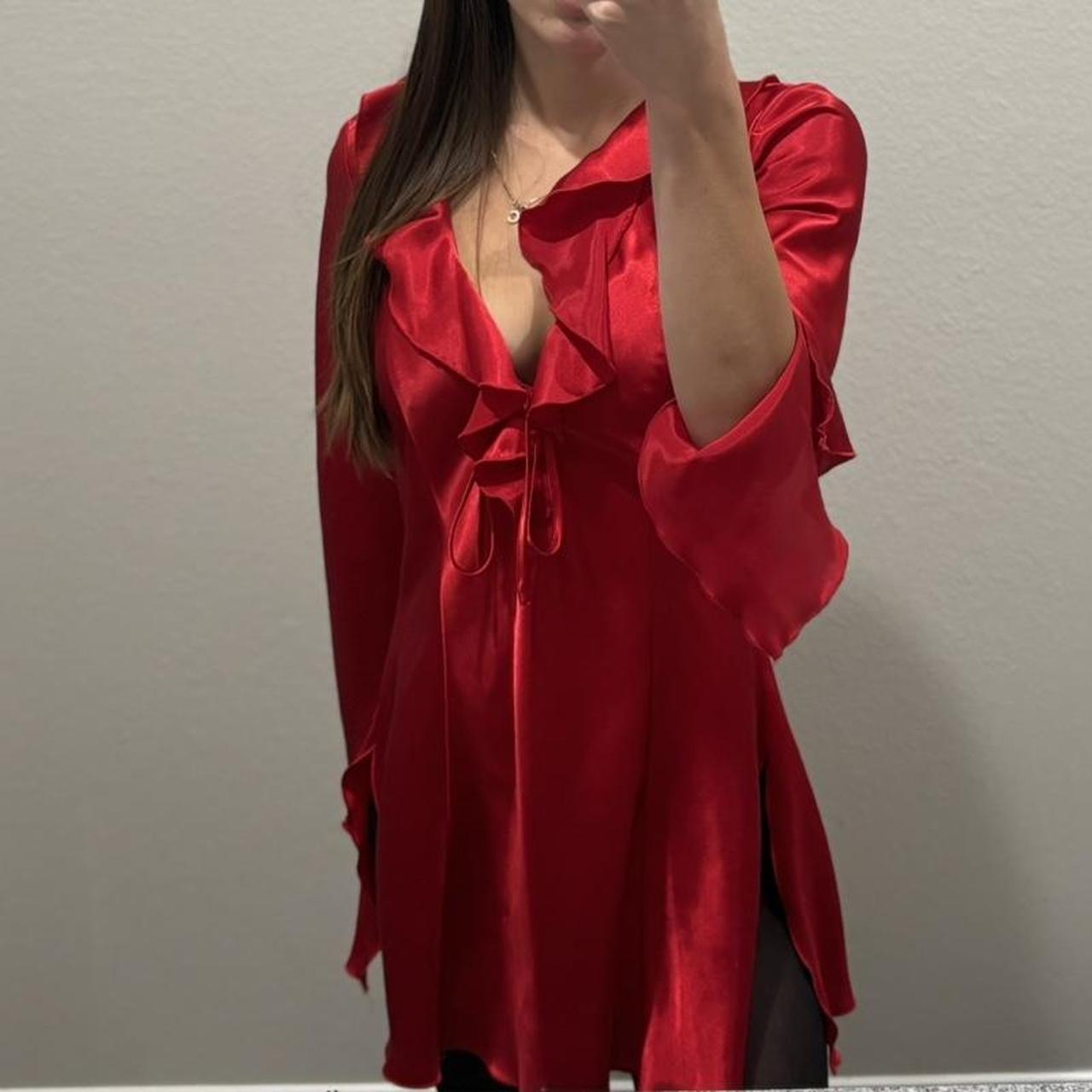 y2k red silk ruffle top! it’s very glamorous and... - Depop
