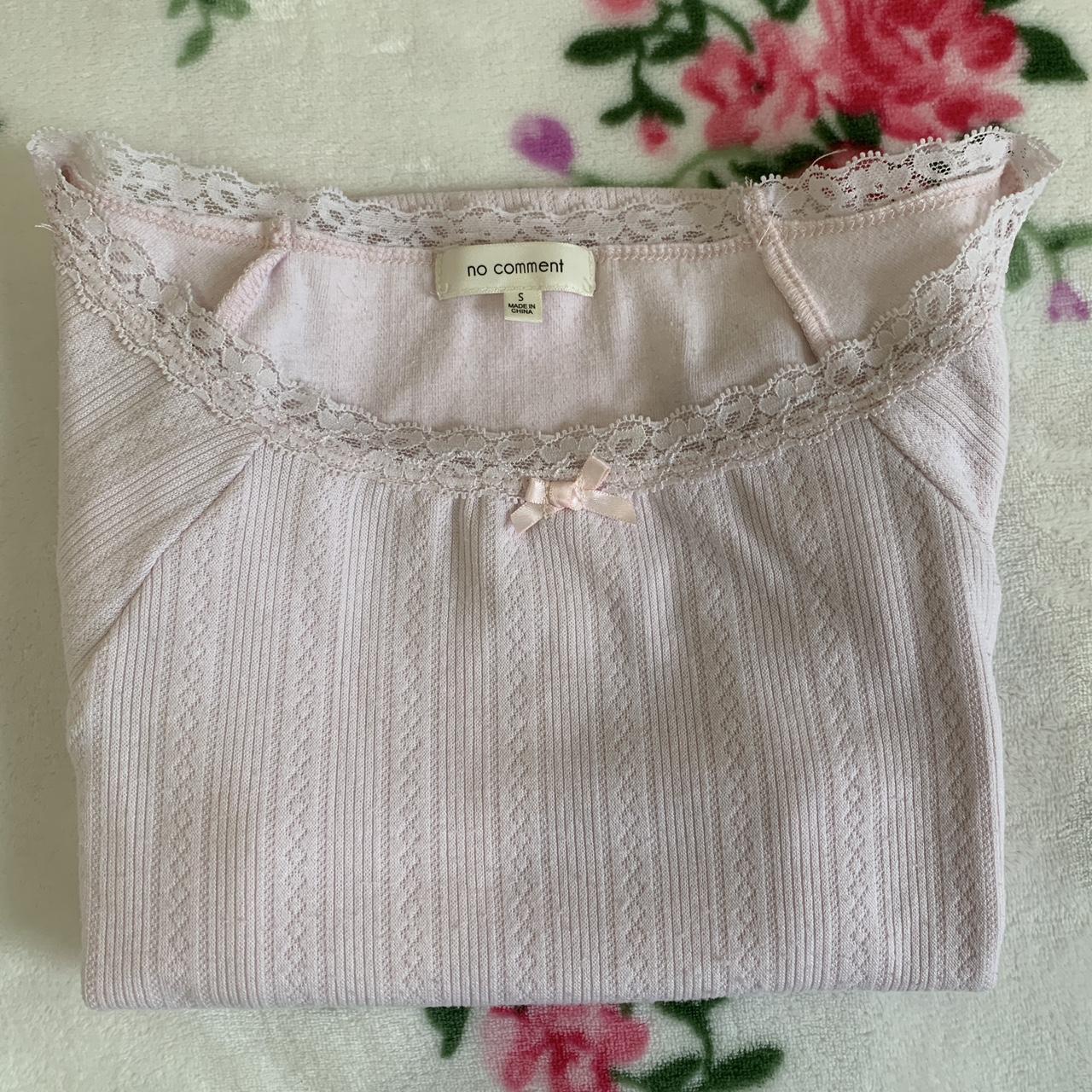 Soft baby pink ribbed top with lace trim and bow... - Depop