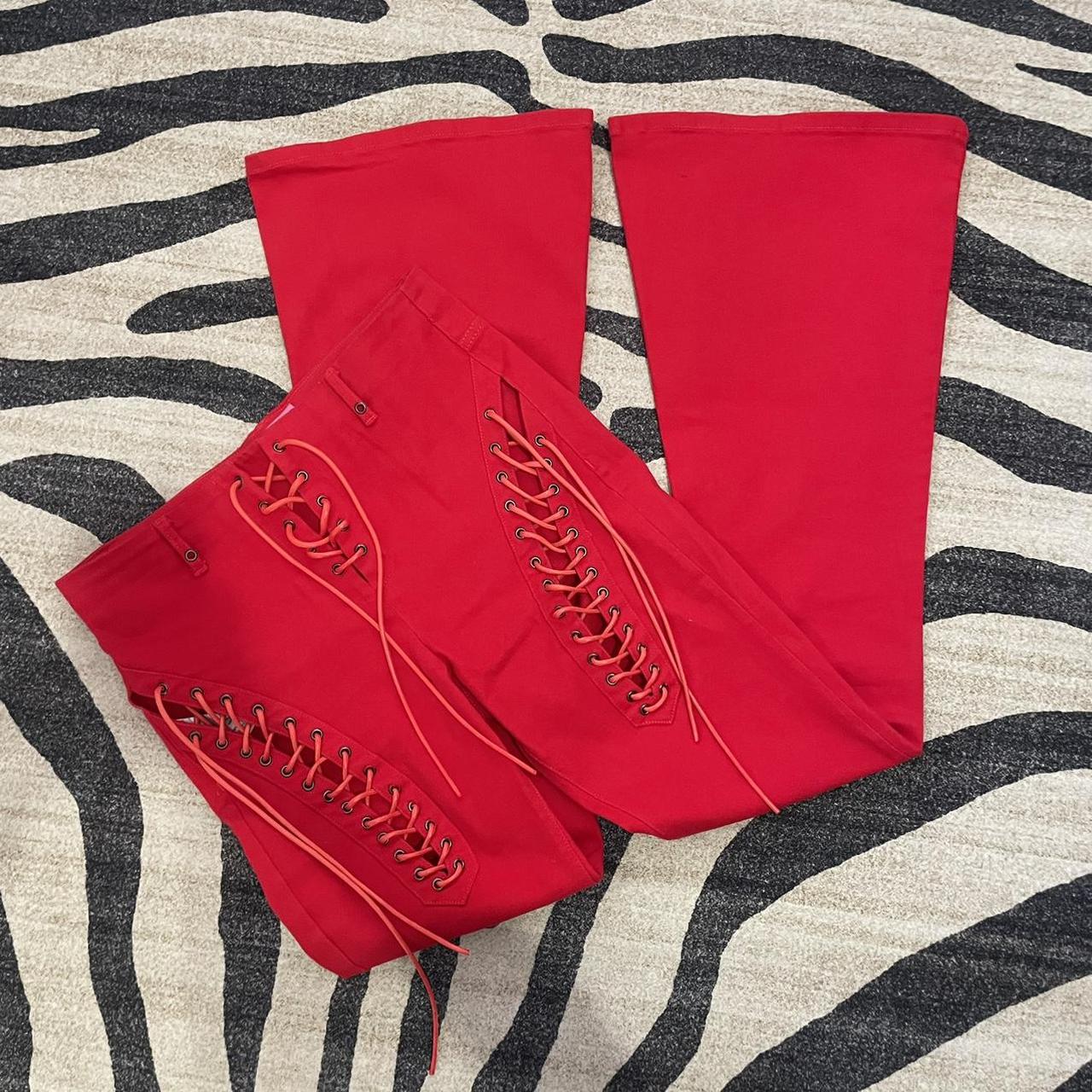 Edikted red lace up flare jeans - Depop