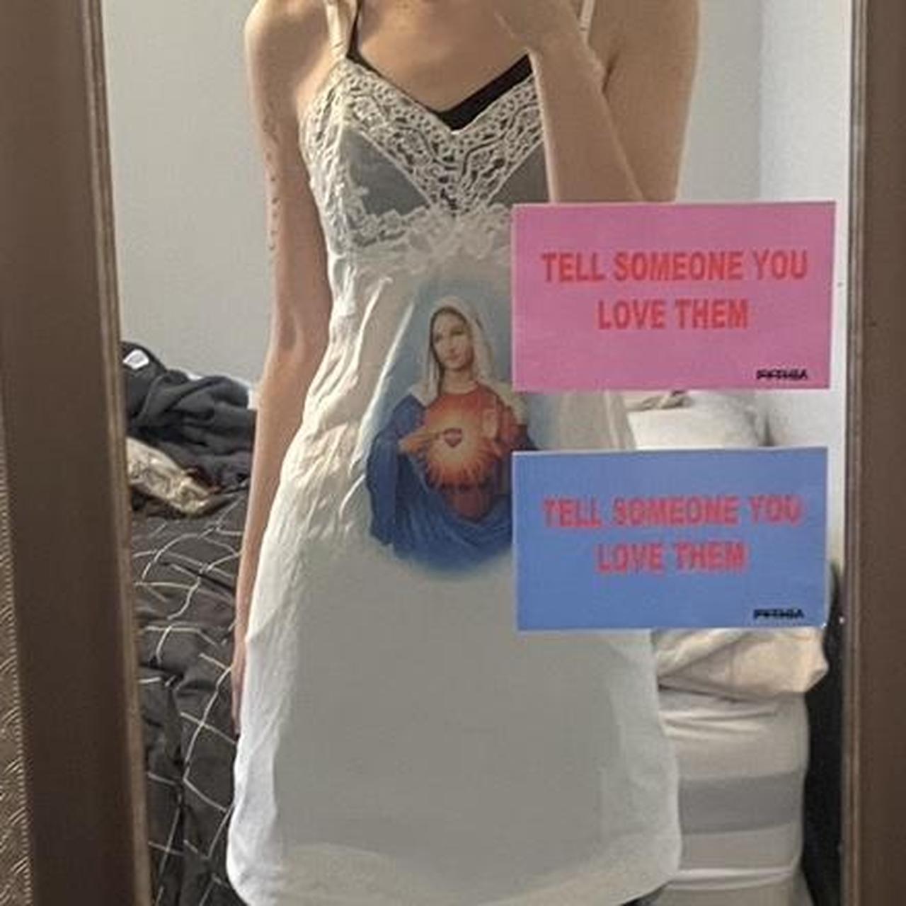 Virgin Mary dtg print satin feel dress top part is... - Depop