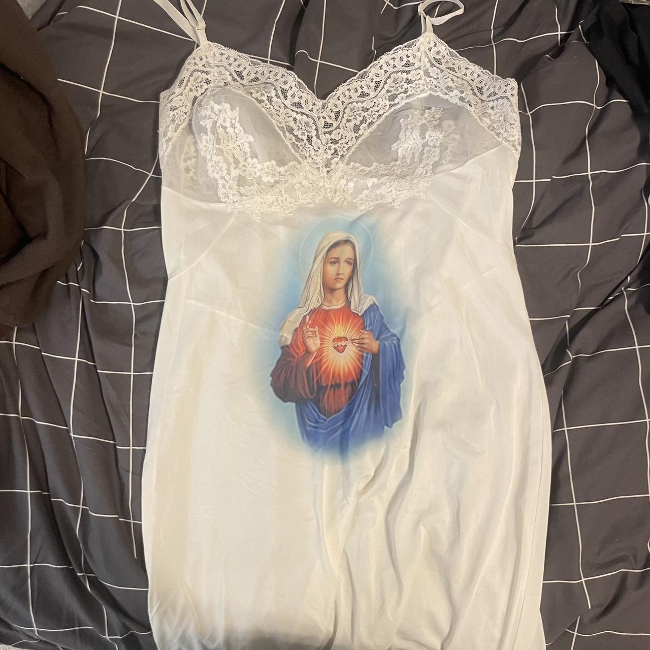 Virgin Mary dtg print satin feel dress top part is... - Depop