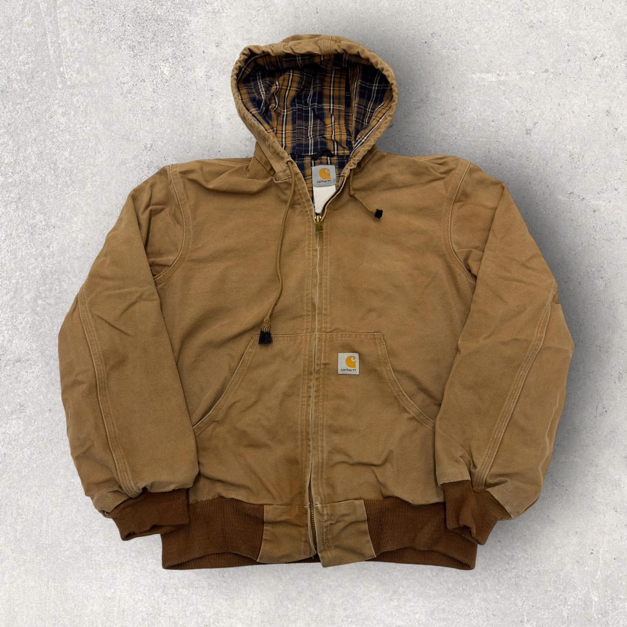 Vintage Carhartt hooded jacket in tan. From the 90s.... - Depop