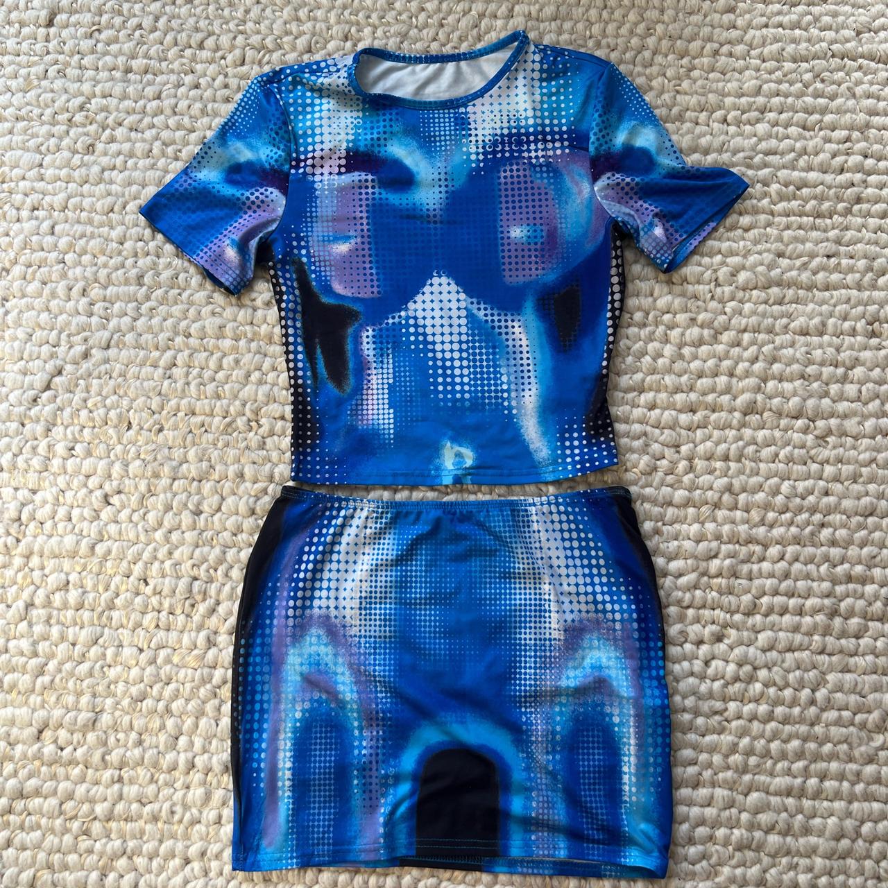 Blue and white body print two-piece skirt set... | Depop