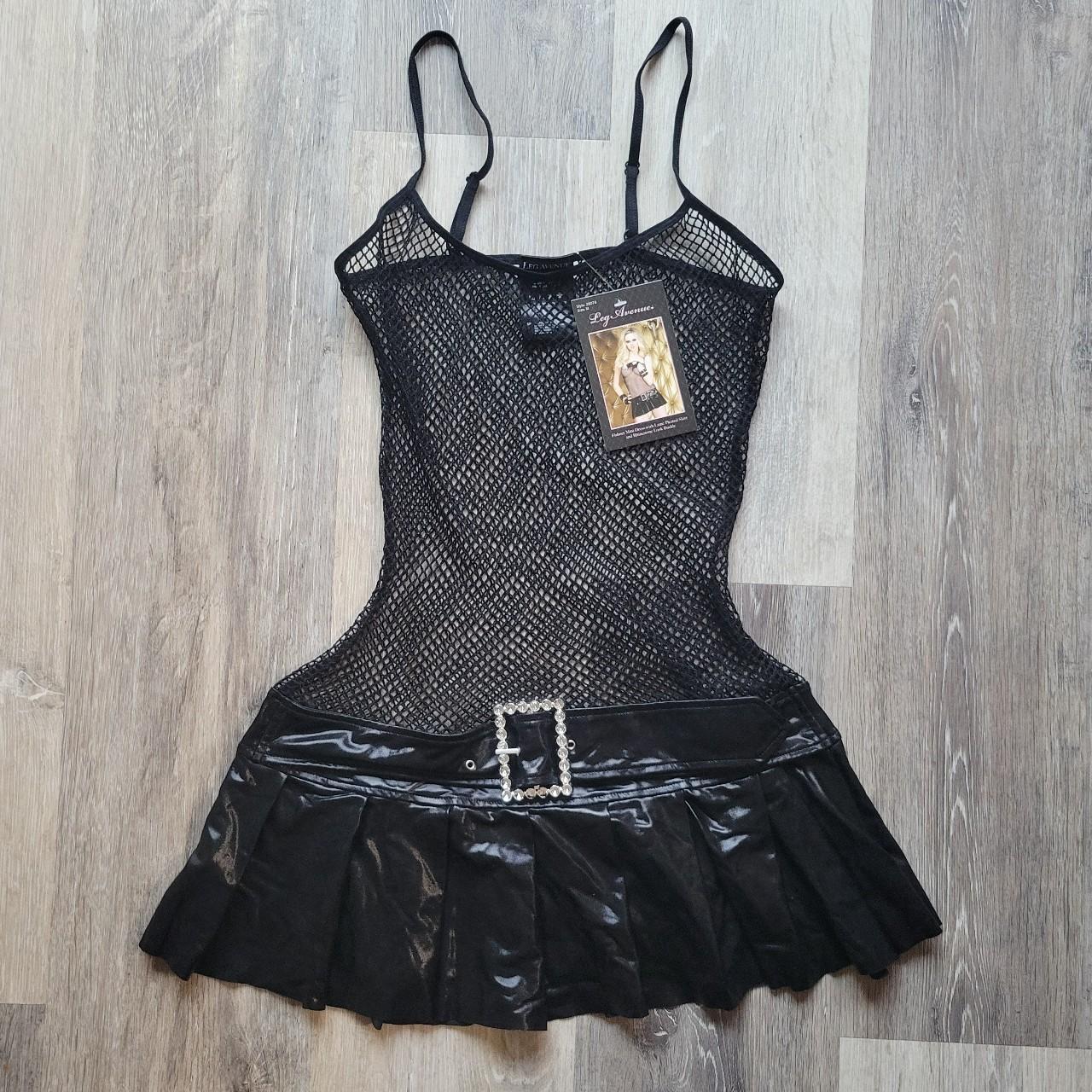 Fishnet dress with pleated skirt and belt buckle by... - Depop