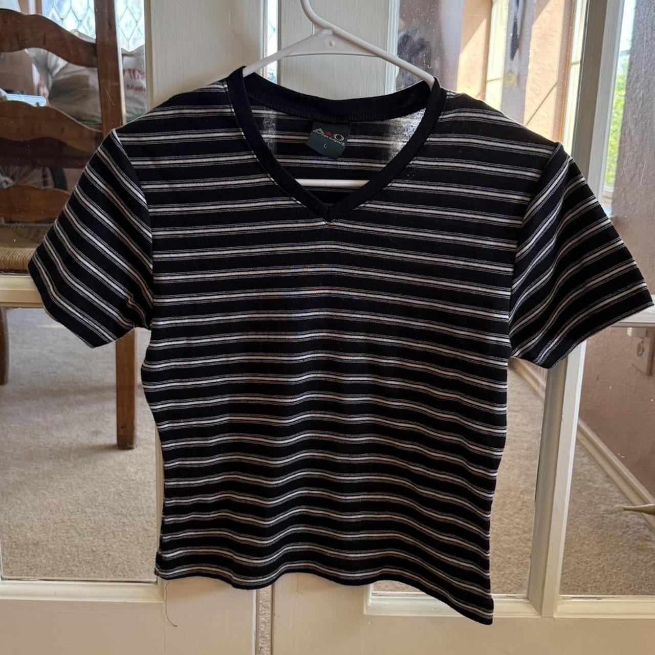 American Apparel black and white striped v neck... | Depop
