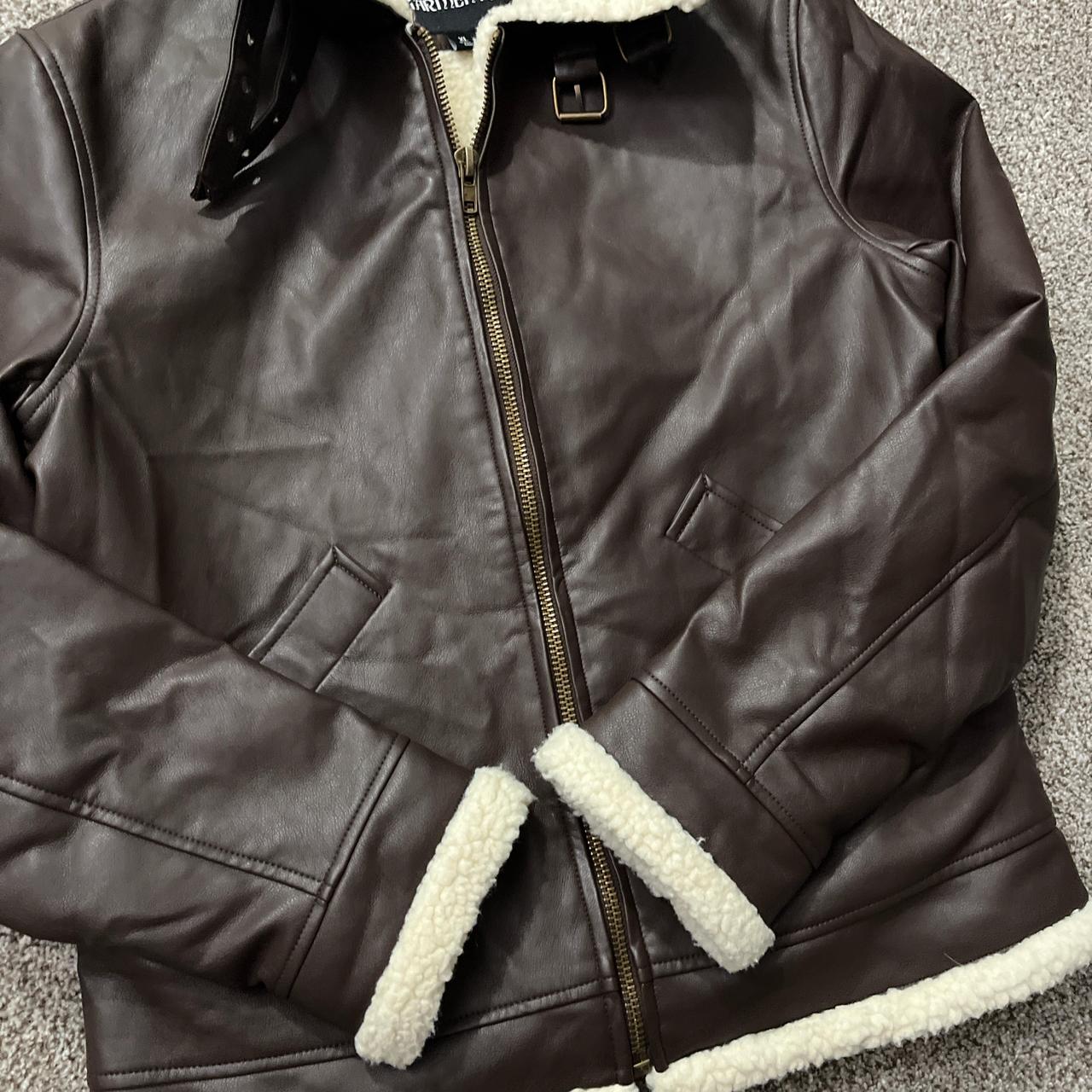 Brown and cream leather jacket with fur lining... - Depop