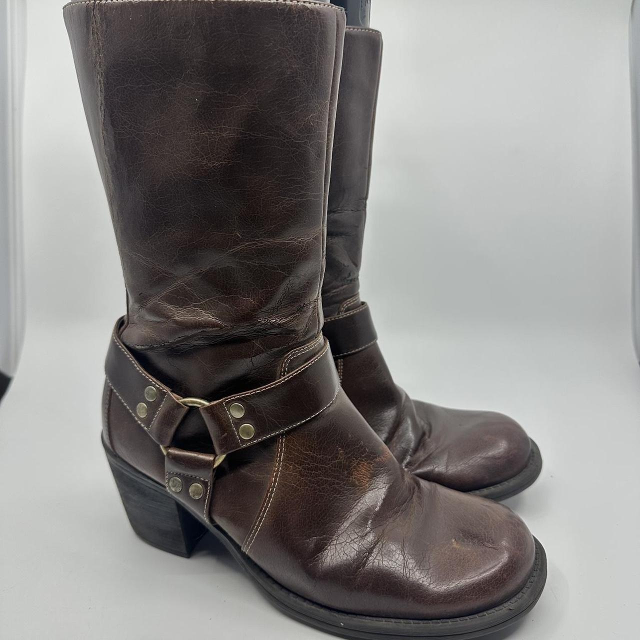 Y2K 2000s candies brown faux leather mid calf biker... | Depop