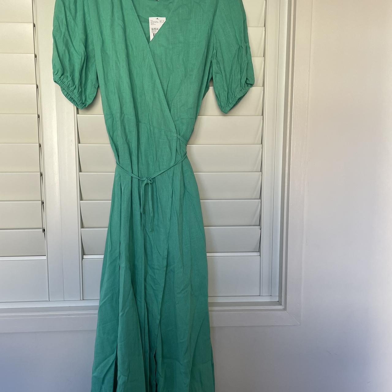 Linen green wrap dress with tie waist, ideal for... - Depop
