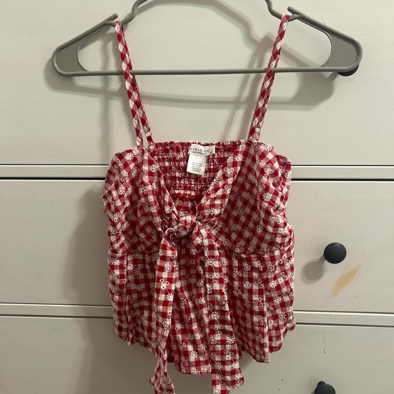 Red gingham boutique tank top with tie in the front.... - Depop