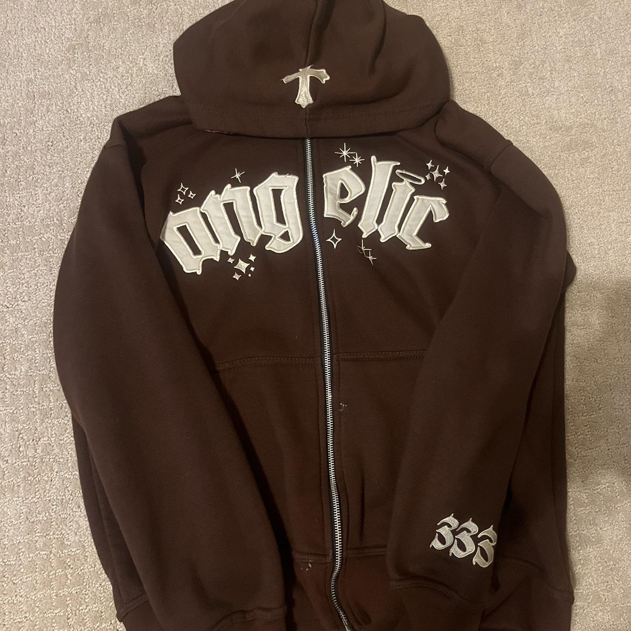 Angelic Motion brown and white zip up hoodie - Depop