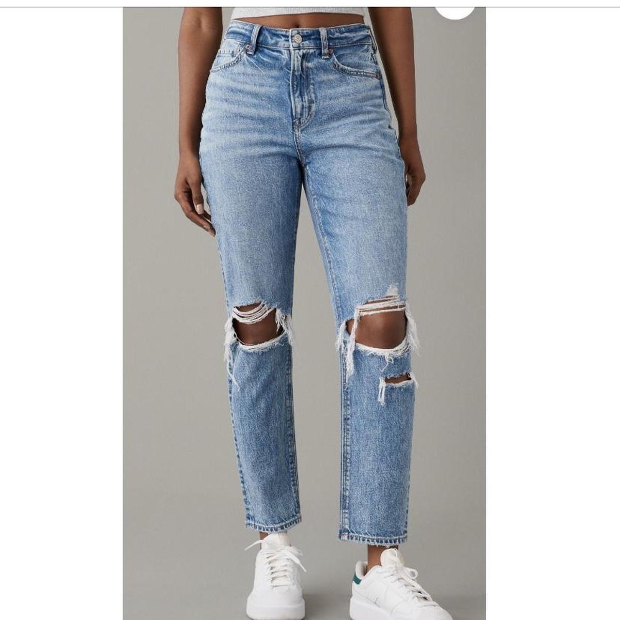 American Eagle Mom Jean Blown Out Blue Strigid... - Depop