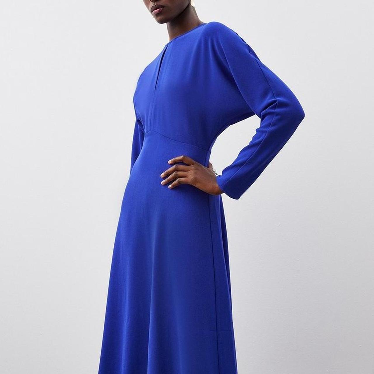 Bright blue midi dress with long sleeves, featuring... | Depop