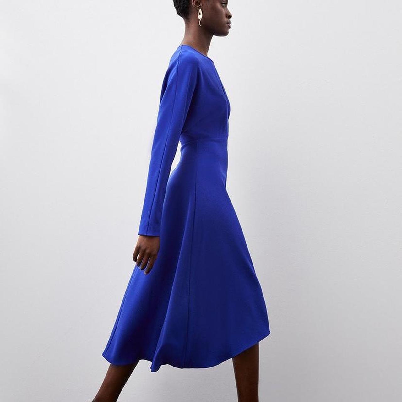 Bright blue midi dress with long sleeves, featuring... | Depop