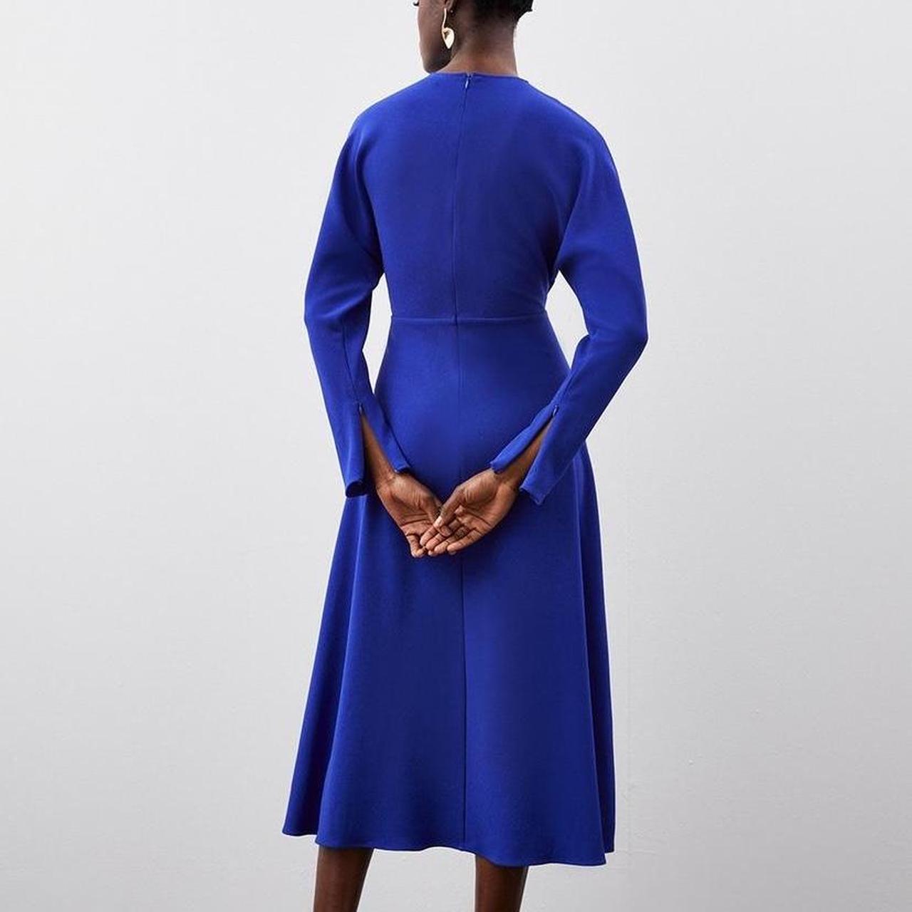 Bright blue midi dress with long sleeves, featuring... | Depop
