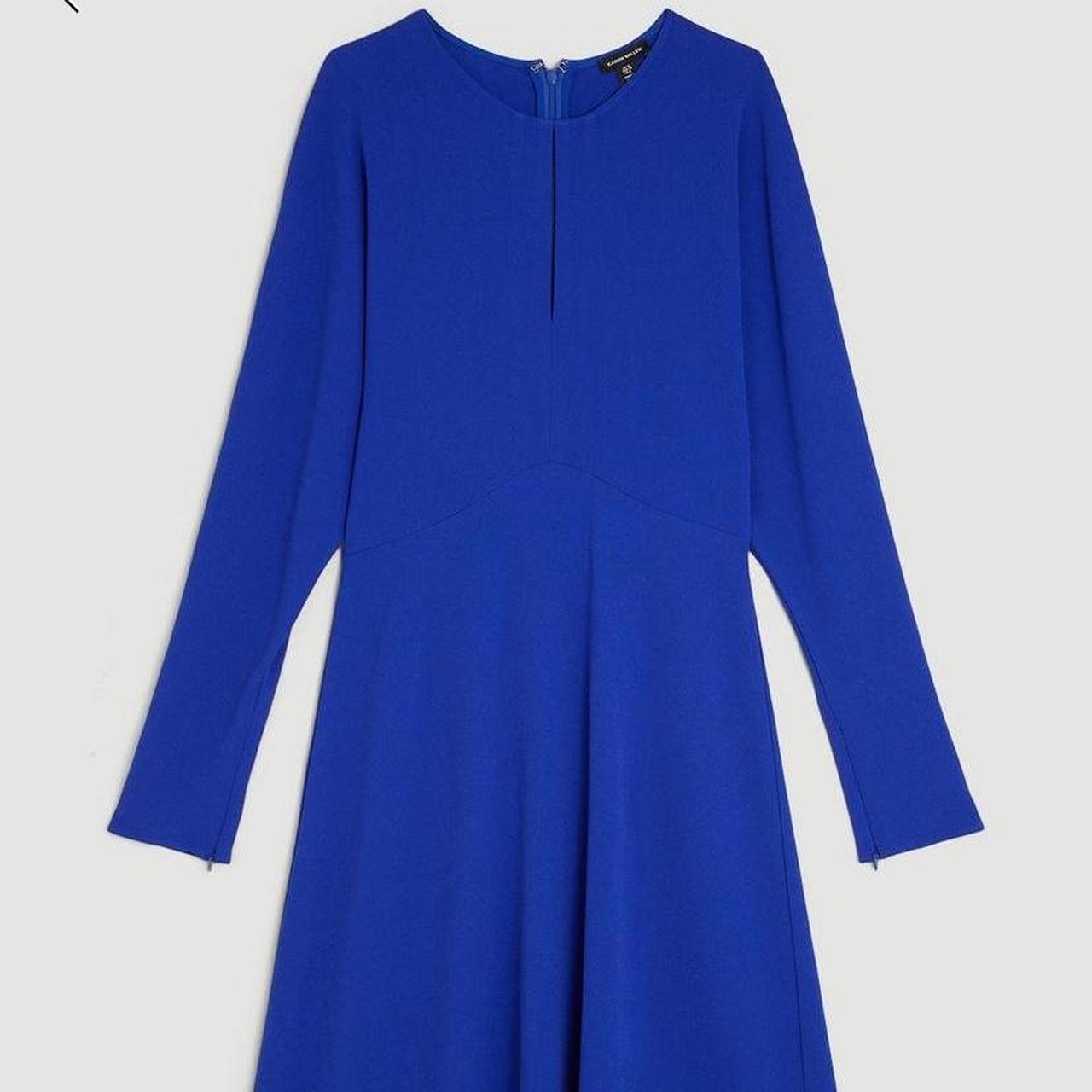 Bright blue midi dress with long sleeves, featuring... | Depop