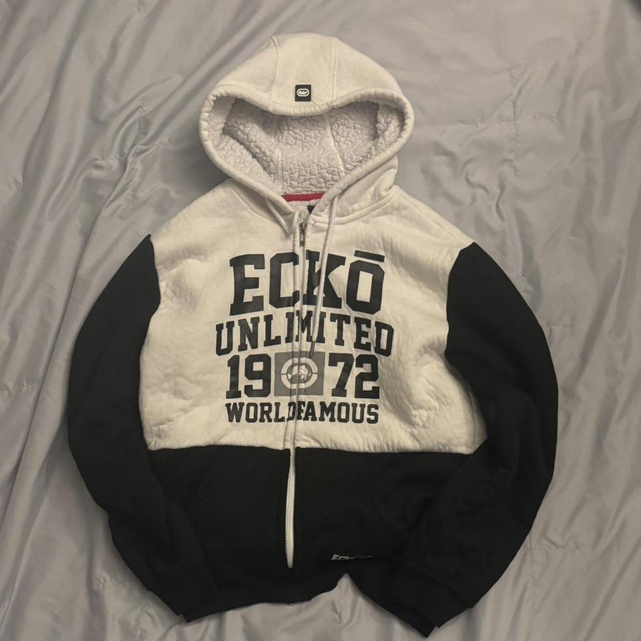 White and black Ecko Unltd. zip-up hoodie - super... | Depop