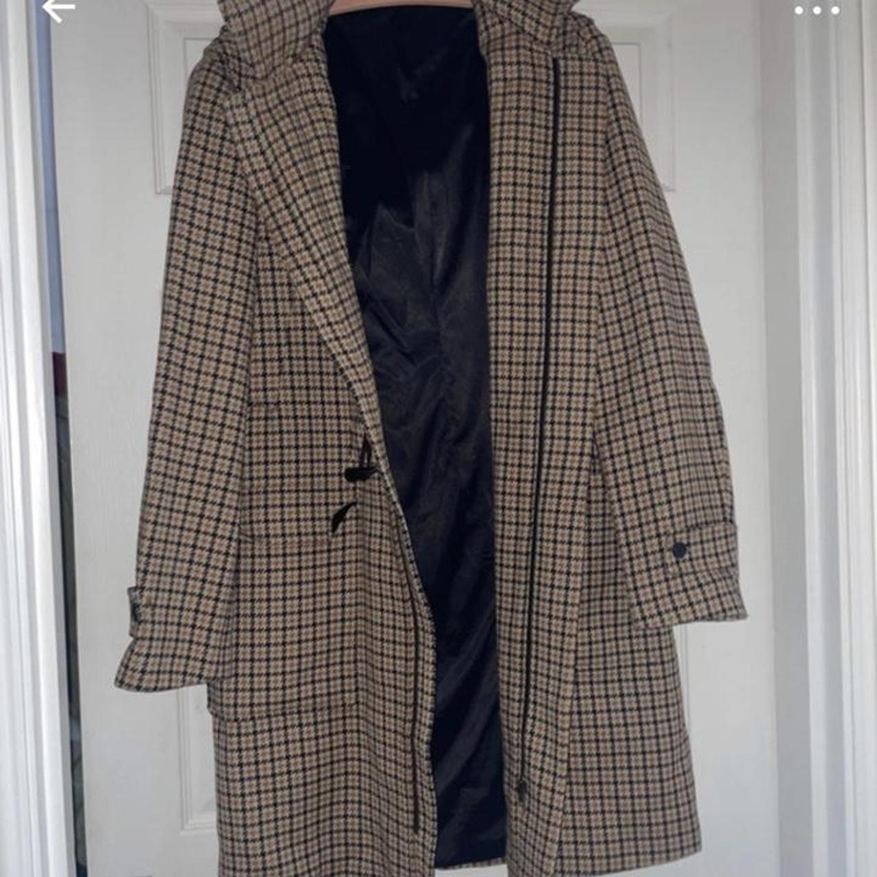 zara mens houndstooth coat with hood worn once, in... - Depop