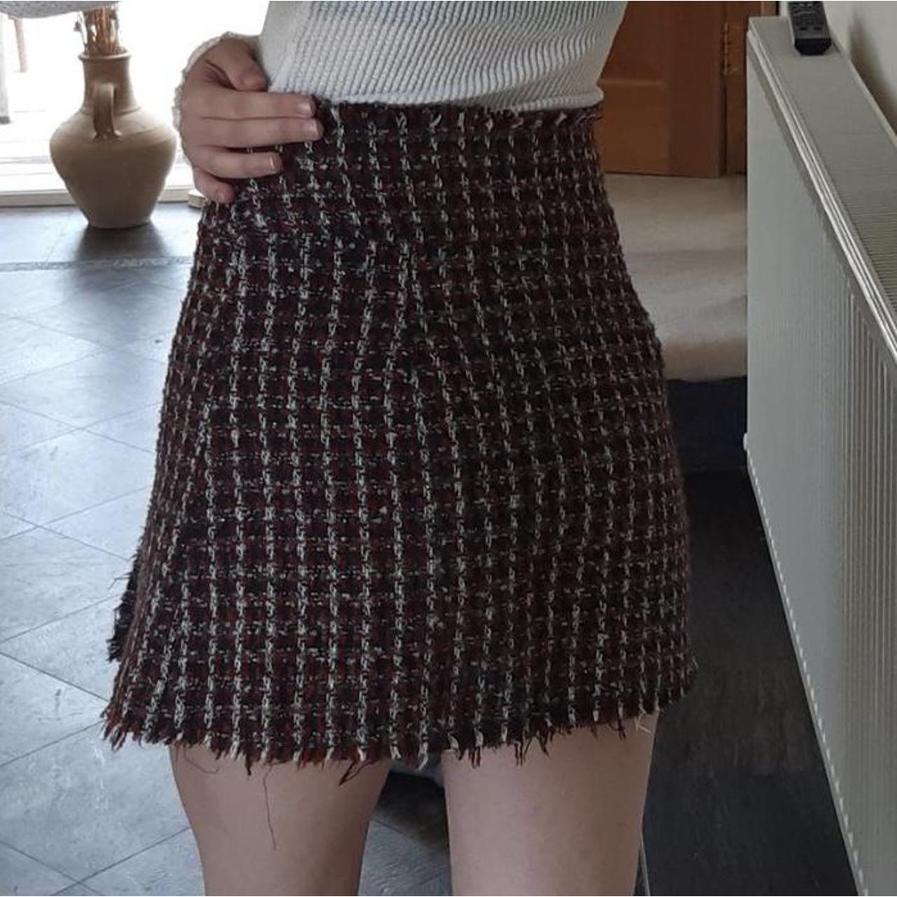 Zara trf red, black and silver check tartan tweed... - Depop