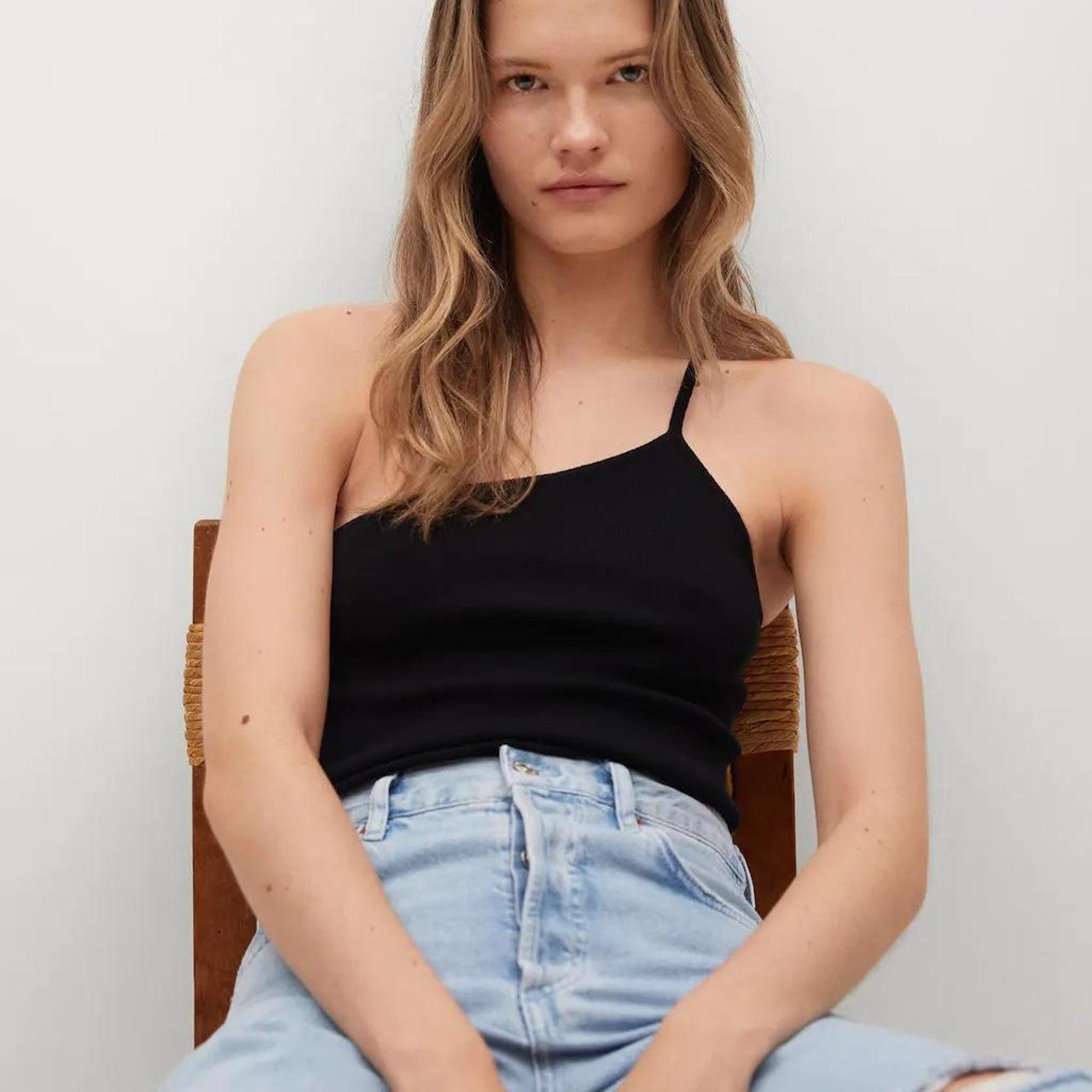 Mango knit asymmetric top. Black fine knit crop top... - Depop