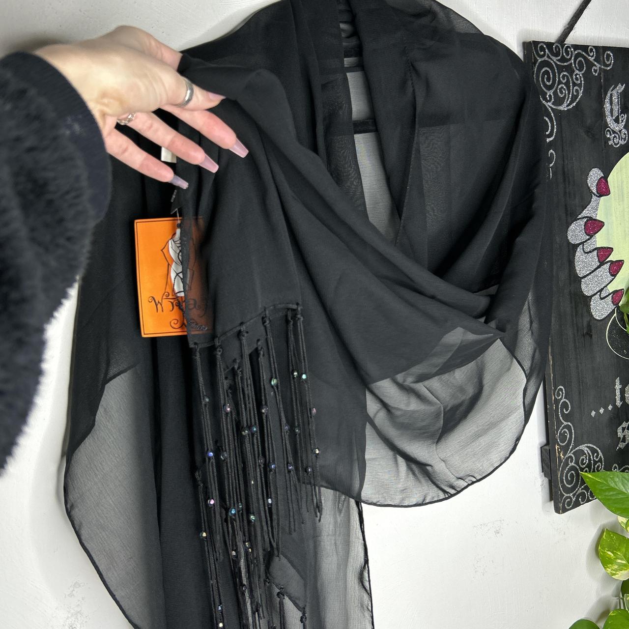 sheer black beaded shawl with tassels by Cejon new... - Depop