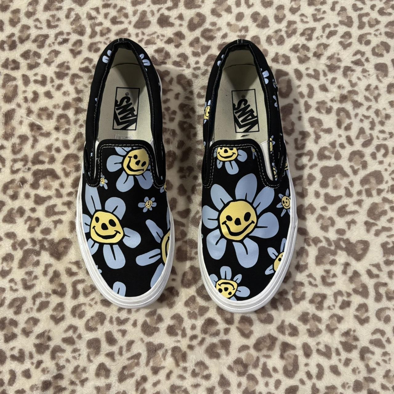 vans blue smiley daisy slip-ons size: m7.0;... | Depop