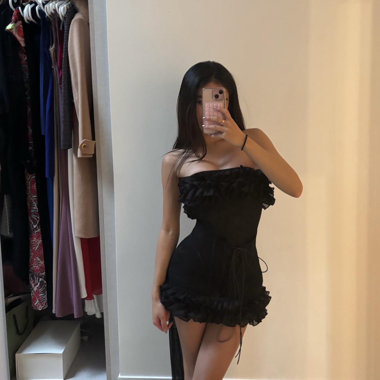 Black mini dress with long trail at back and ruffles... | Depop