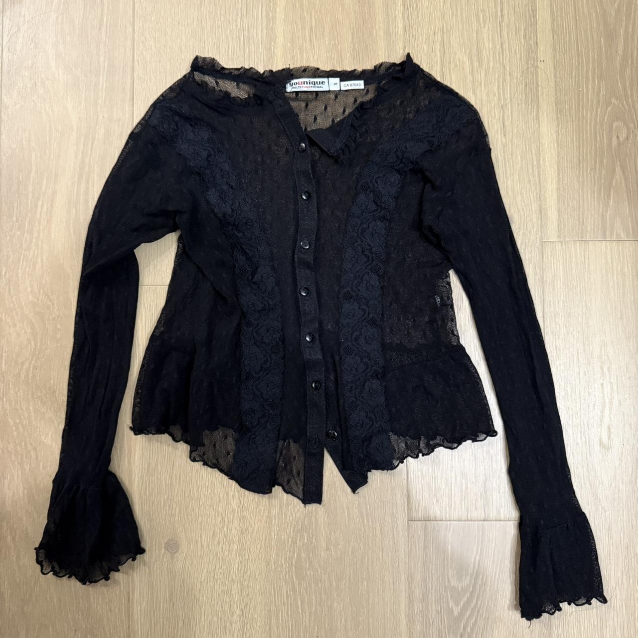 Mesh see through button up lace cardigan with ruffle... | Depop