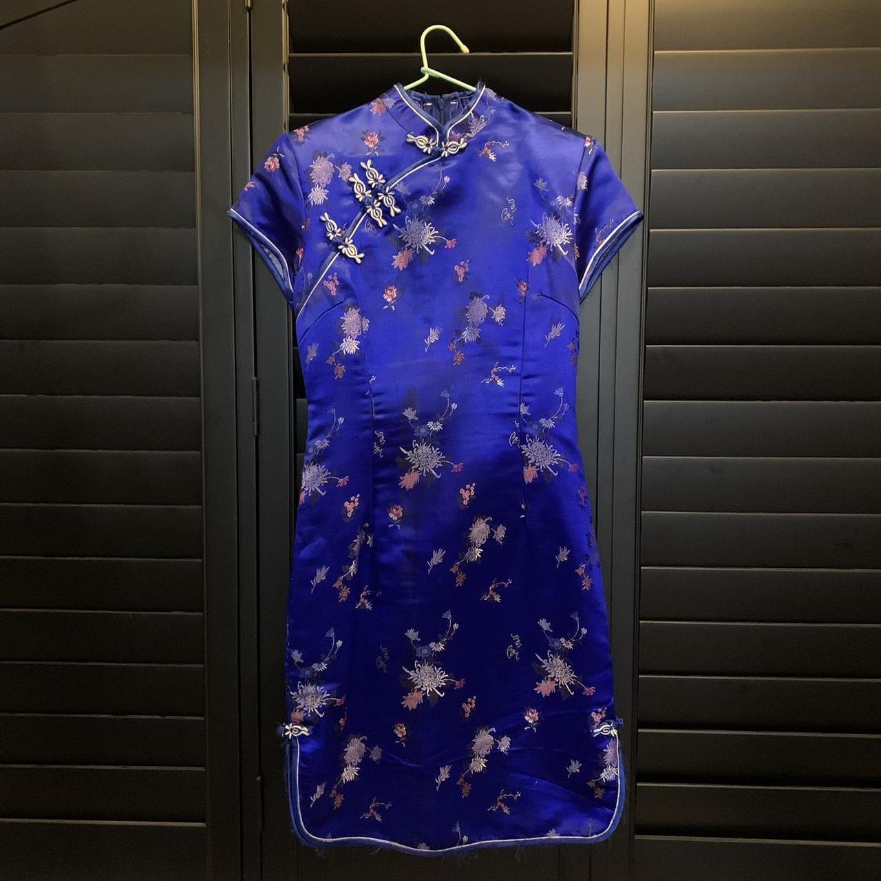 Blue silk Chinese dress with floral pattern,... - Depop