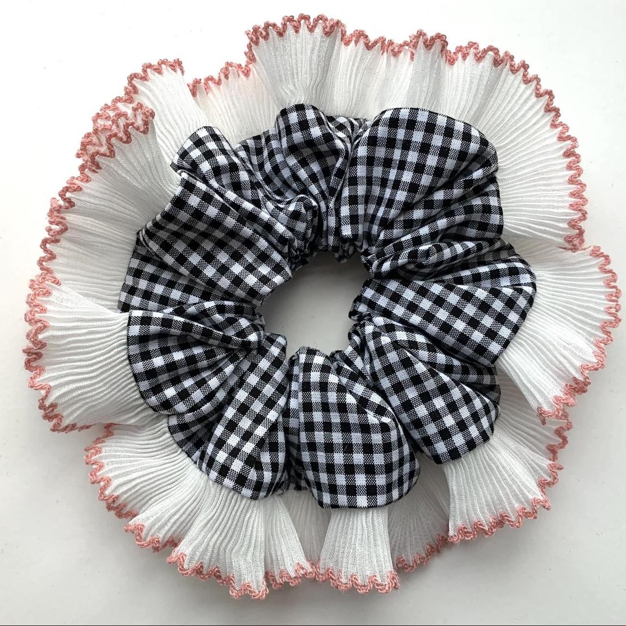 Black mini gingham scrunchie with white/ pink frill... - Depop