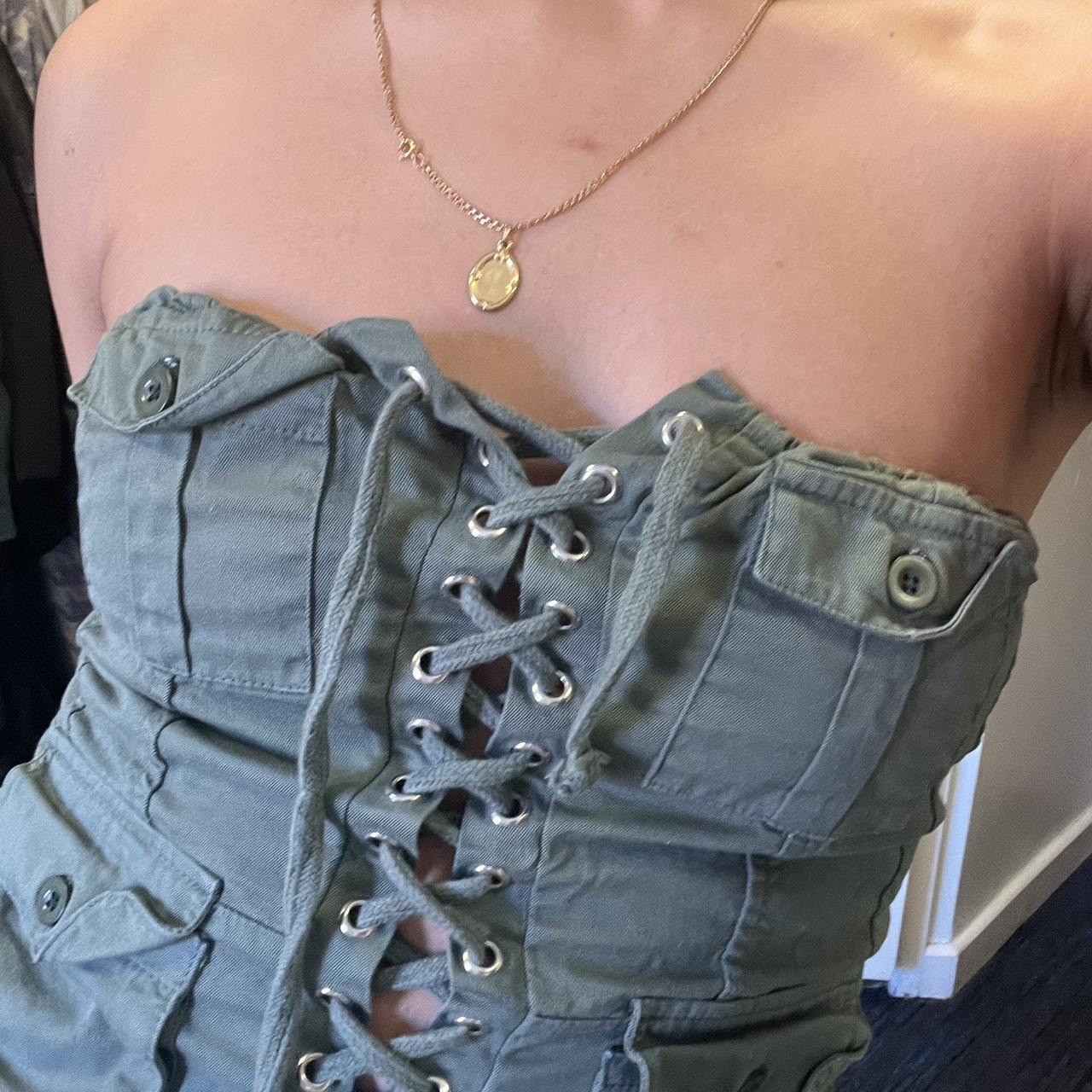 Y2K Cargo khaki corset denim top, Adjustable strings... - Depop