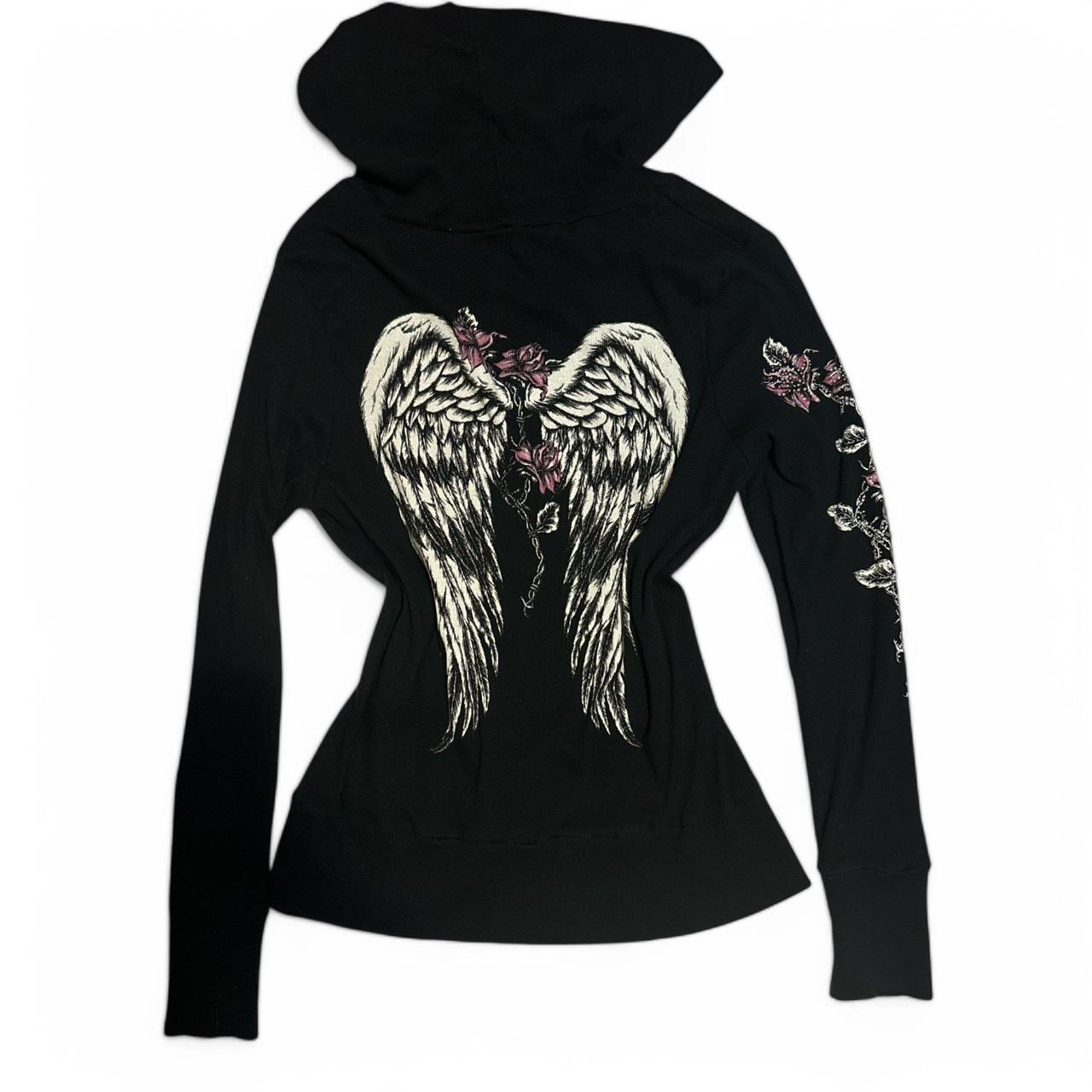 Black and pink angel wings jacket with floral... | Depop