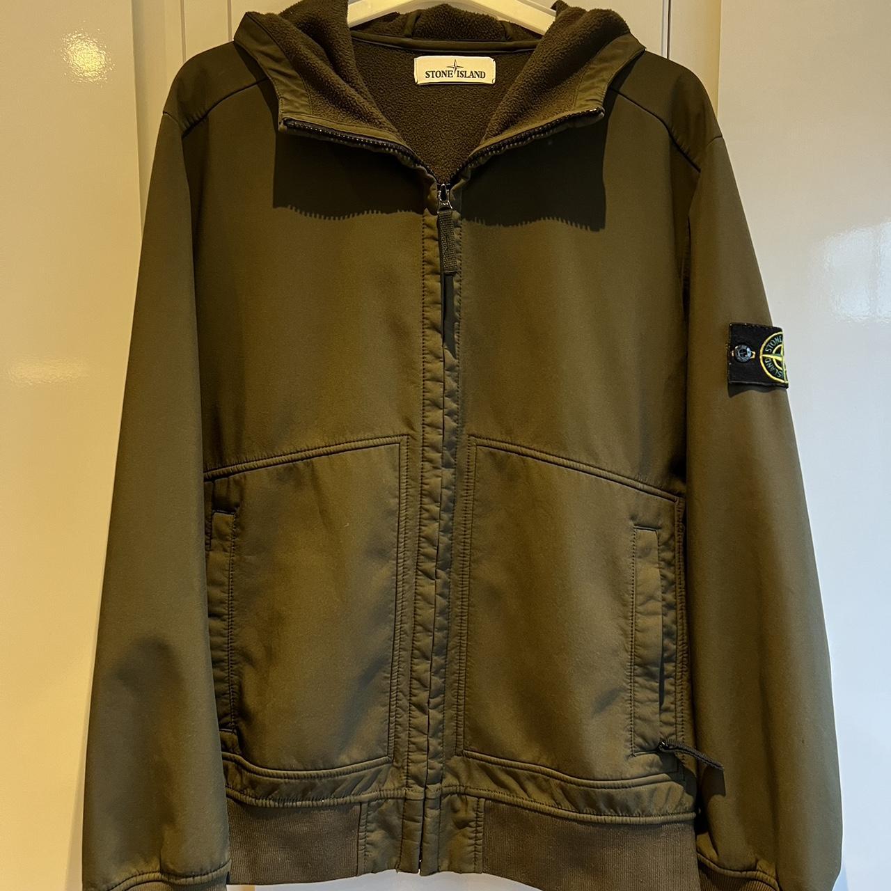 STONE ISLAND soft shell r khaki jacket/coat... - Depop