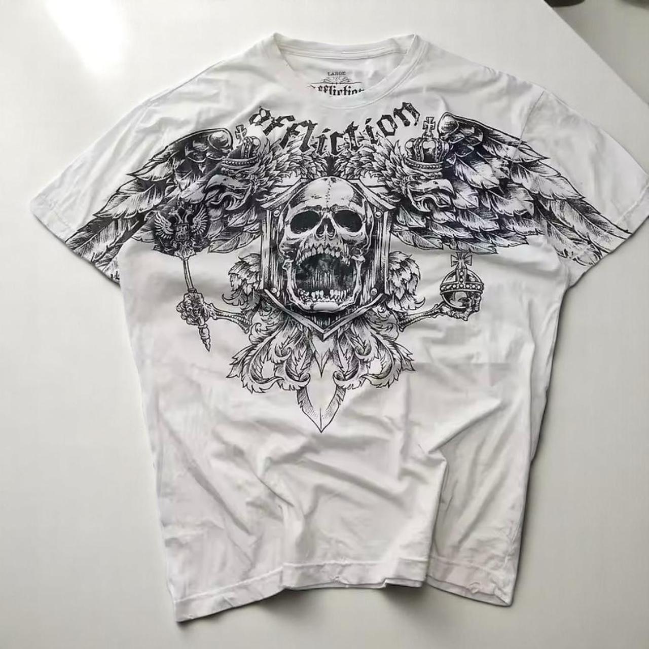 White Affliction graphic T‑shirt with intricate... | Depop